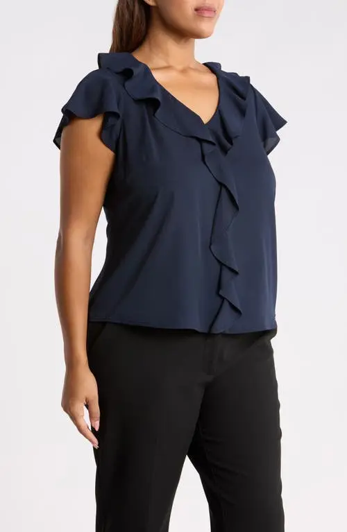 TAHARI ASL Ruffle Front V-neck Top - New Navy