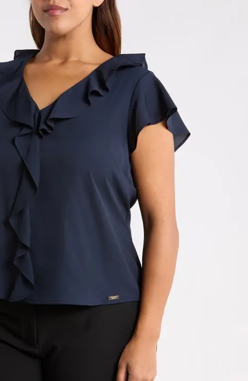 TAHARI ASL Ruffle Front V-neck Top - New Navy