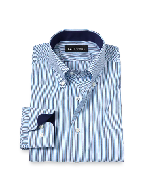 PAUL FREDRICK Cotton Buttondown Collar Broadcloth Slim Contrast Trim Button Cuff Long Sleeve - Blue