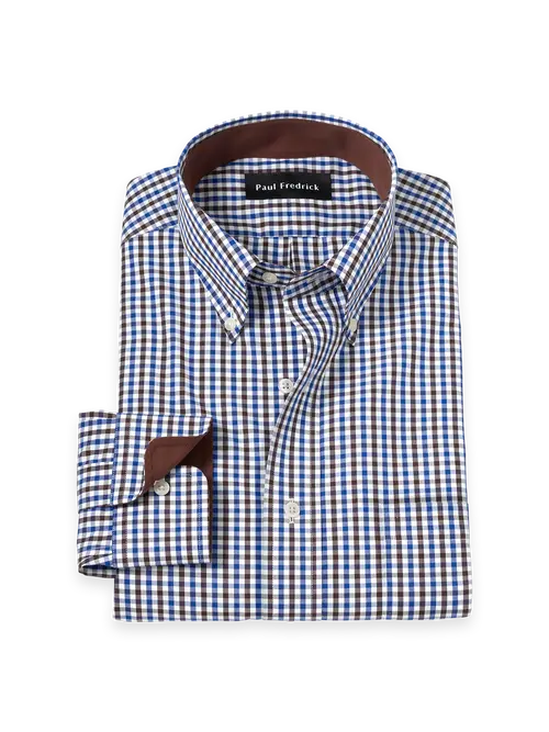 PAUL FREDRICK Cotton Buttondown Collar Broadcloth Classic Contrast Trim Button Cuff Long Sleeve Shirt - Blue/brown