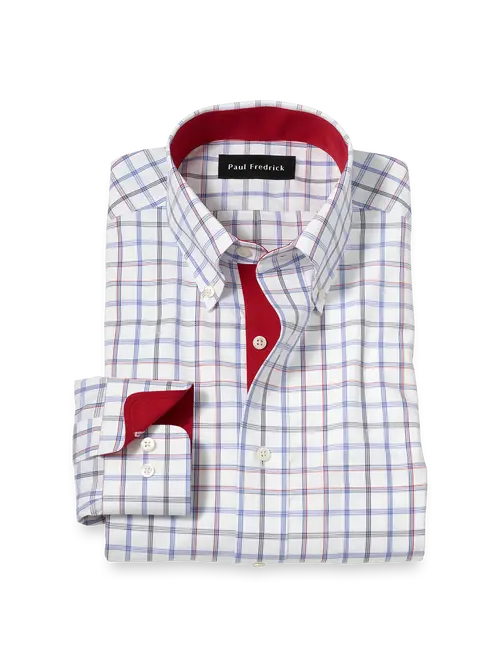 PAUL FREDRICK Cotton Buttondown Collar Broadcloth Slim Contrast Trim Button Cuff Long Sleeve - Blue/red