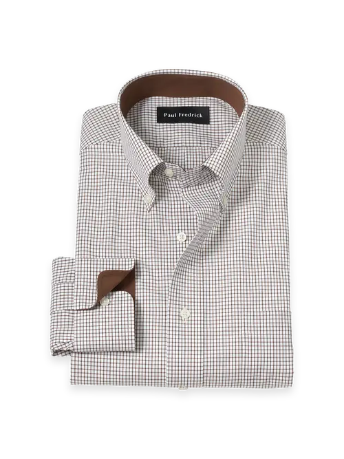 PAUL FREDRICK Cotton Buttondown Collar Broadcloth Classic Contrast Trim Button Cuff Long Sleeve Shirt - Brown/white