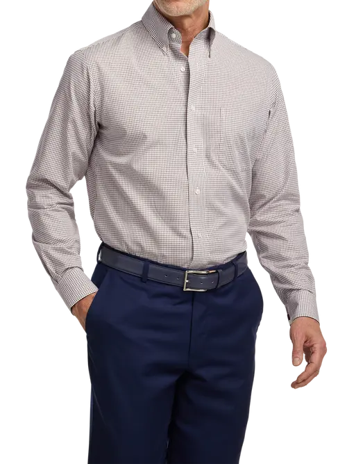 PAUL FREDRICK Cotton Buttondown Collar Broadcloth Classic Contrast Trim Button Cuff Long Sleeve Shirt - Brown/white