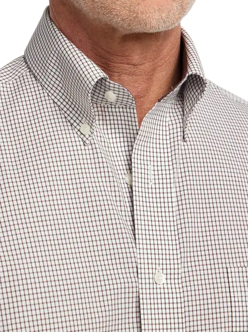 PAUL FREDRICK Cotton Buttondown Collar Broadcloth Classic Contrast Trim Button Cuff Long Sleeve Shirt - Brown/white