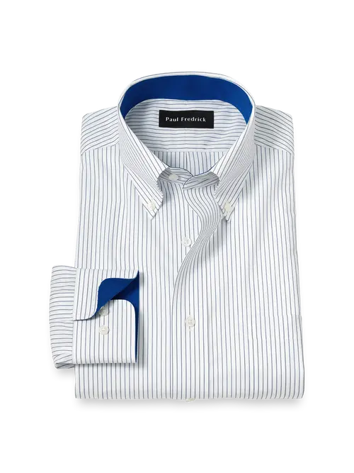 PAUL FREDRICK Cotton Buttondown Collar Broadcloth Slim Contrast Trim Button Cuff Long Sleeve - Cobalt