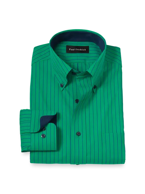 PAUL FREDRICK Cotton Buttondown Collar Broadcloth Slim Contrast Trim Button Cuff Long Sleeve - Green