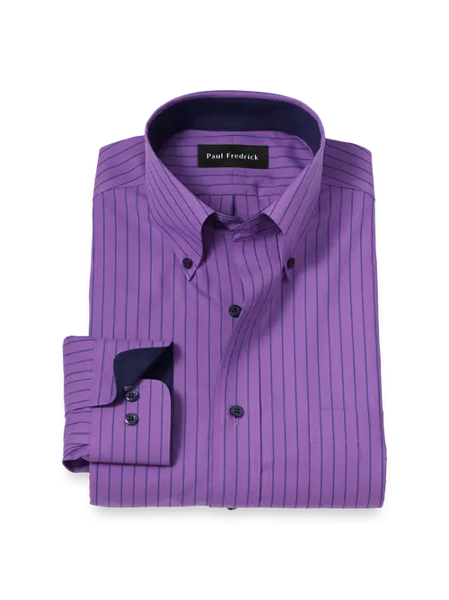 PAUL FREDRICK Cotton Buttondown Collar Broadcloth Slim Contrast Trim Button Cuff Long Sleeve - Purple