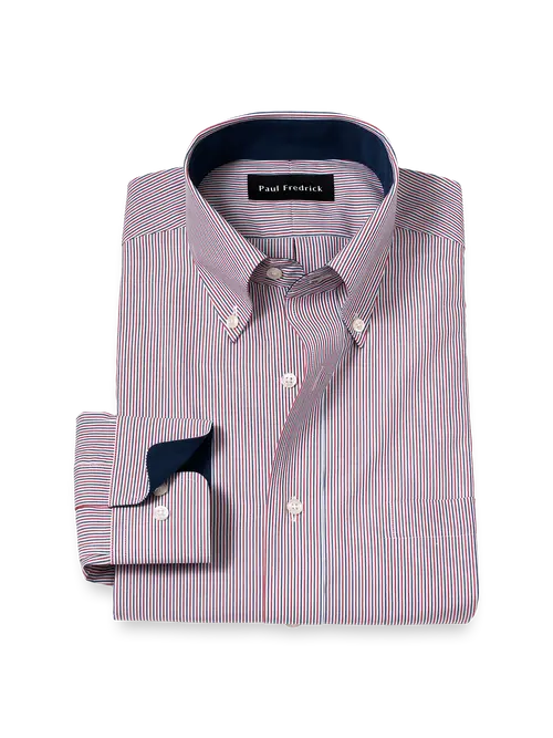 PAUL FREDRICK Cotton Buttondown Collar Broadcloth Slim Contrast Trim Button Cuff Long Sleeve - Red