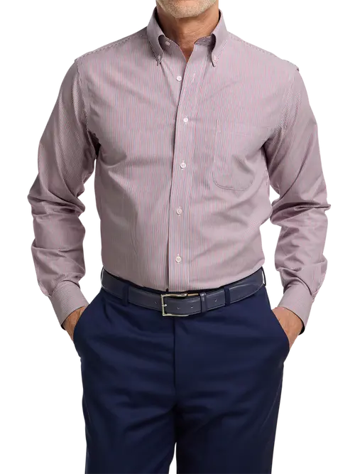 PAUL FREDRICK Cotton Buttondown Collar Broadcloth Slim Contrast Trim Button Cuff Long Sleeve - Red