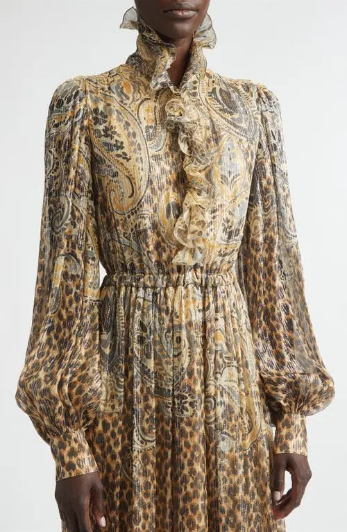 Etro Silk Blend Metallic Plissé Maxi Dress