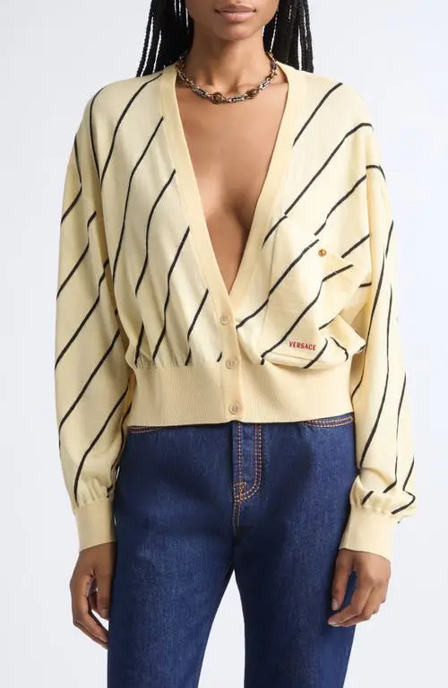Versace Diagonal Stripe Wool Intarsia Cardigan - Cream