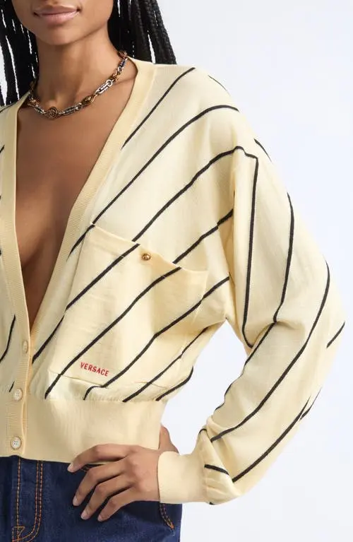 Versace Diagonal Stripe Wool Intarsia Cardigan - Cream