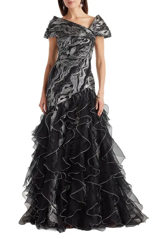 Tadashi Shoji Jacquard Lace And Ruffle Gown