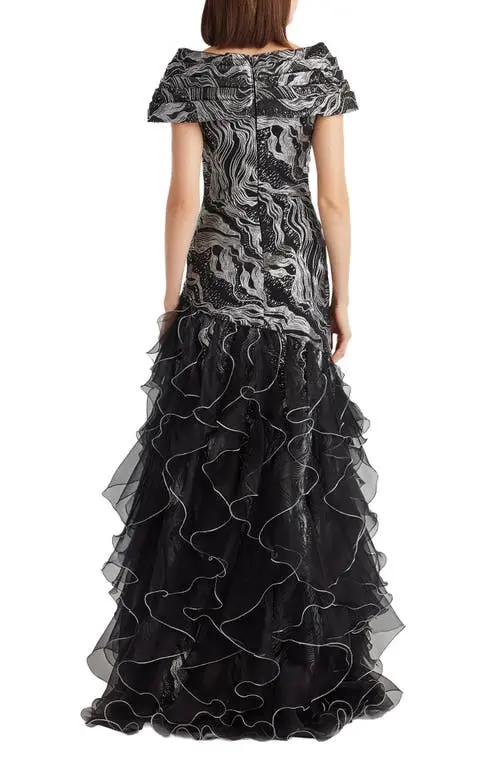 Tadashi Shoji Jacquard Lace And Ruffle Gown