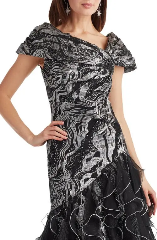 Tadashi Shoji Jacquard Lace And Ruffle Gown