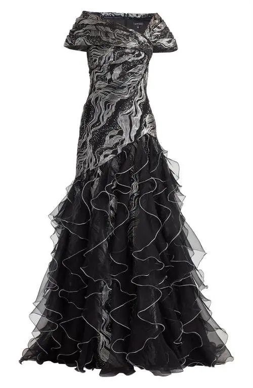 Tadashi Shoji Jacquard Lace And Ruffle Gown