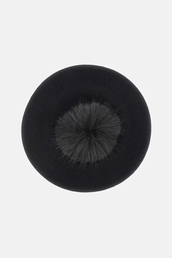 Borsalino Wool Felt Baker Boy Cap With Fur Pom Pom