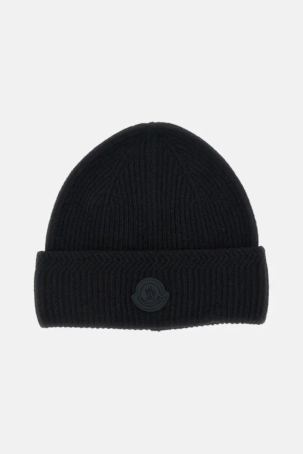 Moncler Ribbed Wool Blend Beanie - Nero