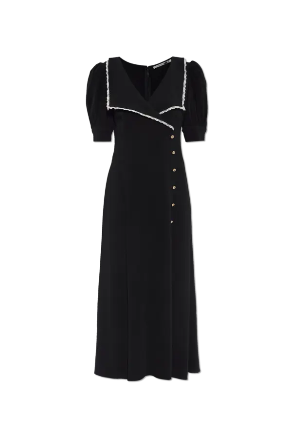 Alessandra Rich Midi Dress With Lace-trimmed Collar And Gold Buttons - Black