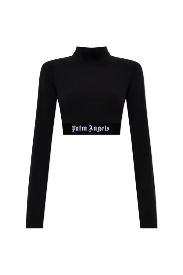 Palm Angels Cropped Logo Turtleneck Top - Black