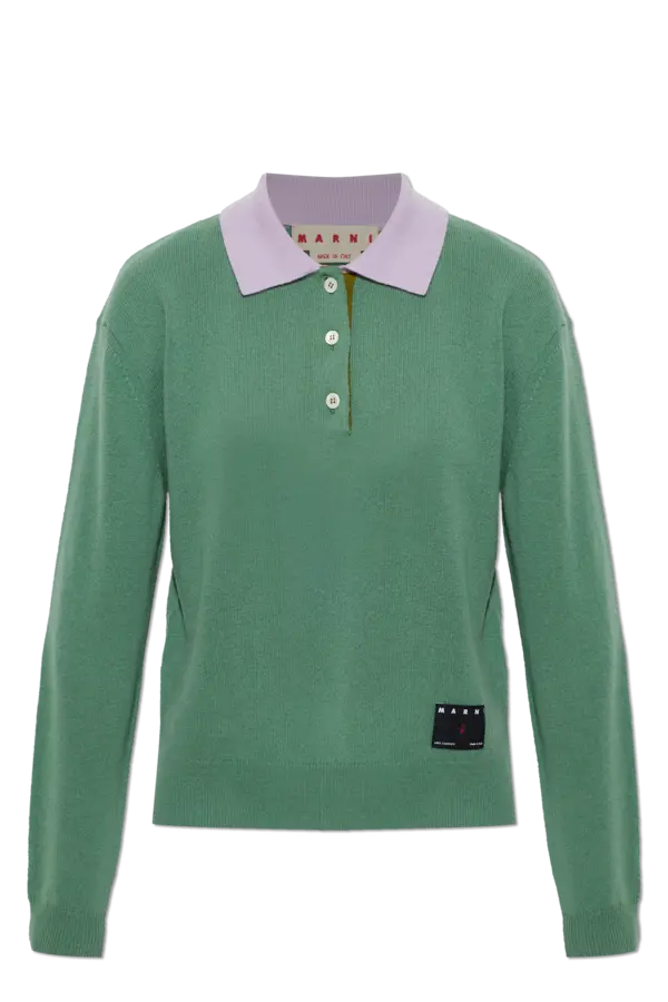 Marni Cashmere Long-sleeve Polo With Contrast Collar - Green