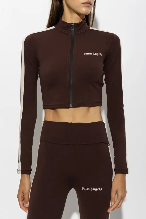 Palm Angels Cropped Zip-up Sweatshirt With Sporty Stripes And Logo