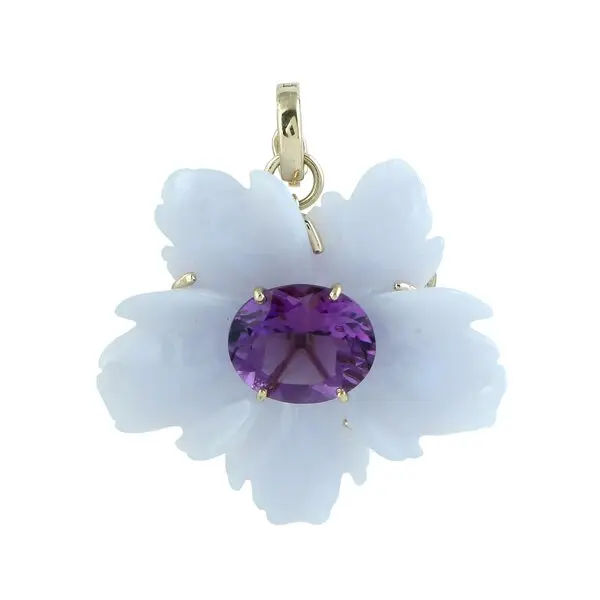 ARTISAN 14k Yellow Carved Blue Chalcedony And Amethyst Flower Pendant - Gold