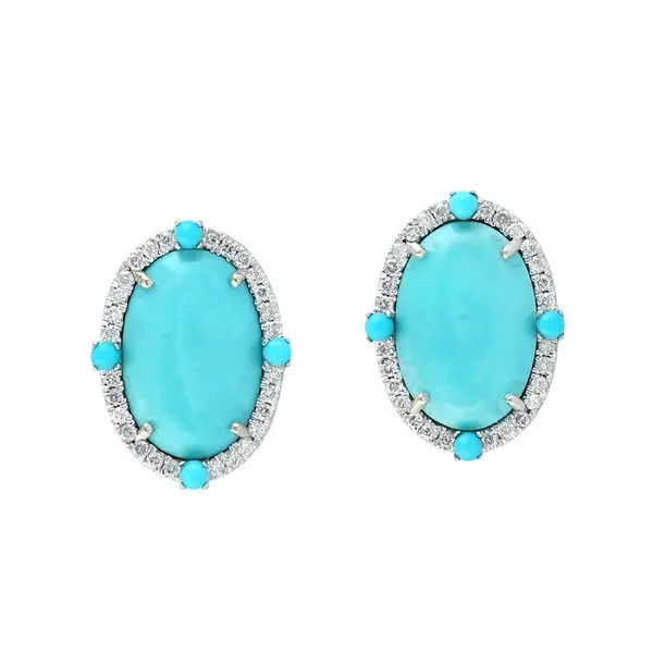 ARTISAN White / Blue 18k White Gold Turquoise & Diamond Oval Stud Earrings - White/blue