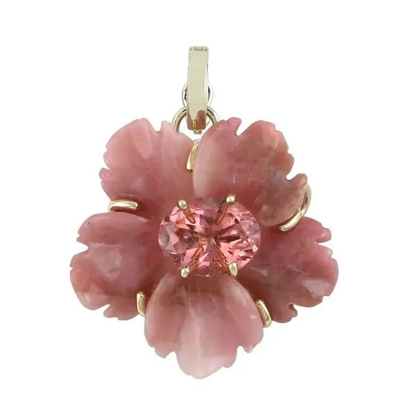 ARTISAN 14k Yellow Carved Onyx And Pink Tourmaline Flower Pendant - Gold