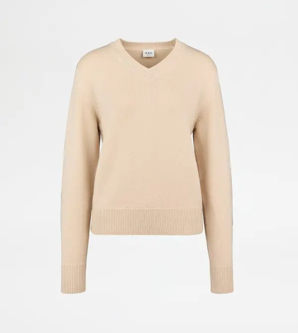 TOD'S Cashmere Pullover With Leather Patches - Beige