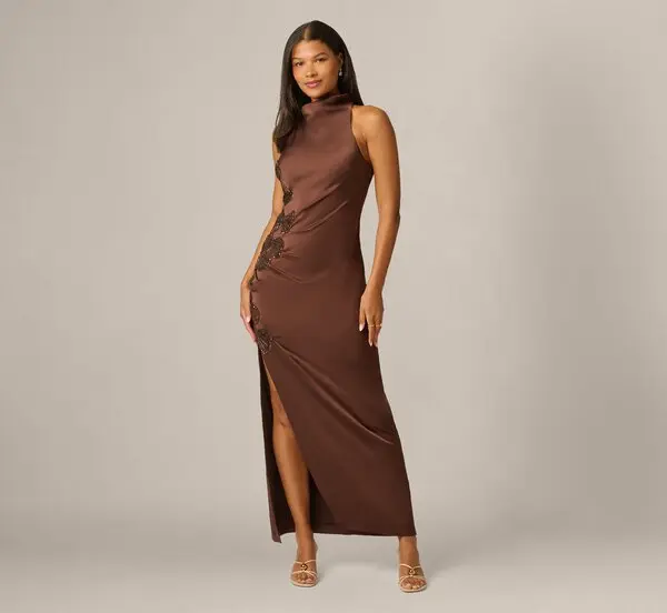 Aidan Mattox Satin Beaded Soutache Cowl Halter Gown