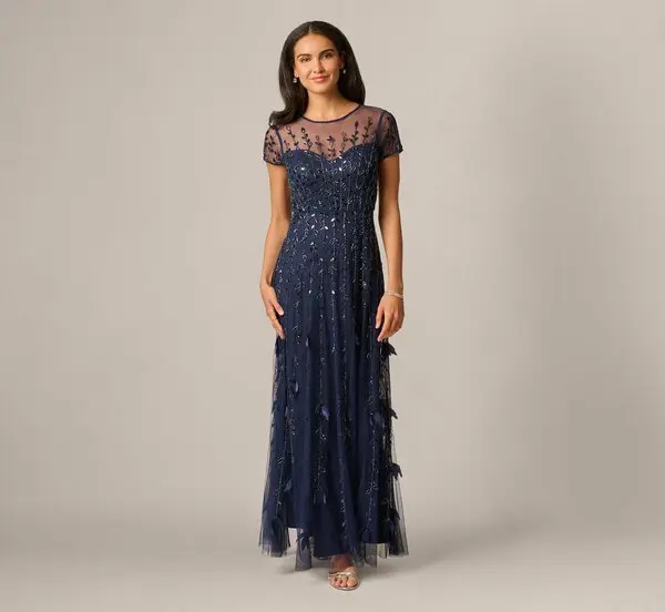 Adrianna Papell Short Sleeve Beaded Gown