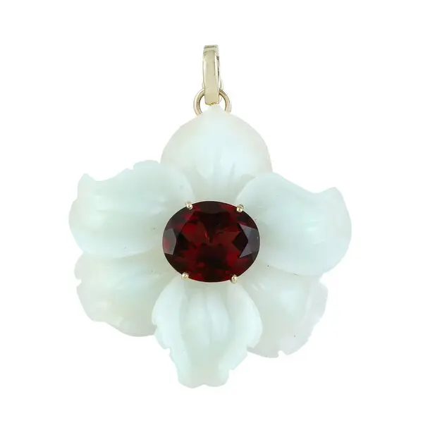 ARTISAN 14k Yellow Carved White Onyx And Garnet Flower Pendant - Gold