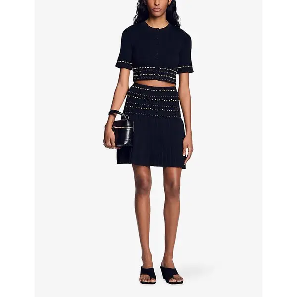 Sandro Stud-embellished Flared Knitted Mini Skirt