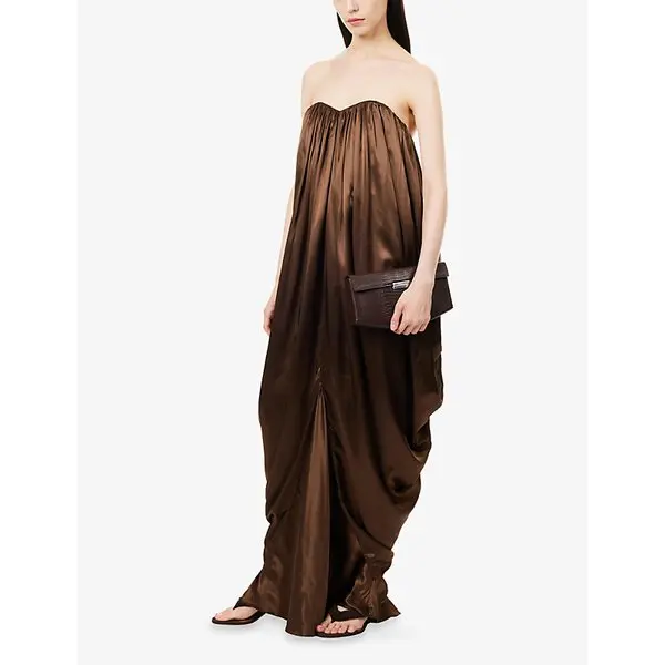 ABADIA Strapless Draped Satin Maxi Dress