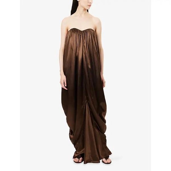 ABADIA Strapless Draped Satin Maxi Dress