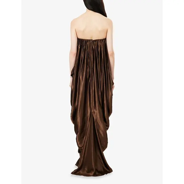ABADIA Strapless Draped Satin Maxi Dress