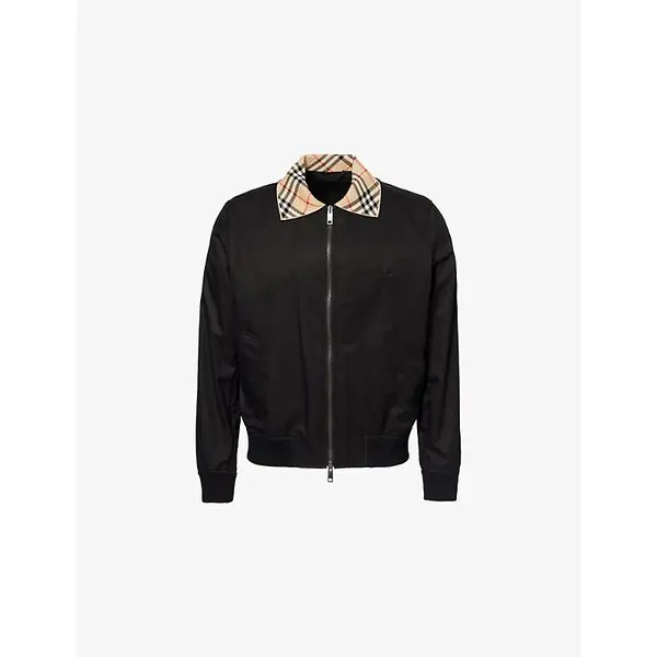 Burberry Glenfields Cotton Harrington Jacket With Signature Check Collar - Black