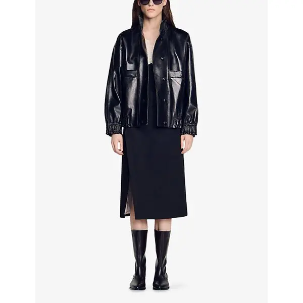 Sandro Oversized High-neck Leather Jacket