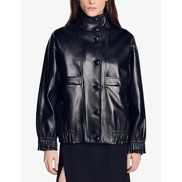 Sandro Oversized High-neck Leather Jacket