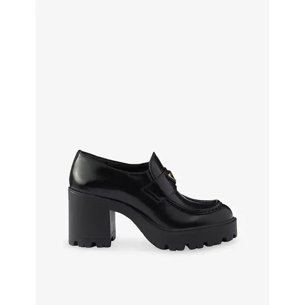 Prada Brushed Leather Loafers With Enamelled Triangle Logo And Block Heel