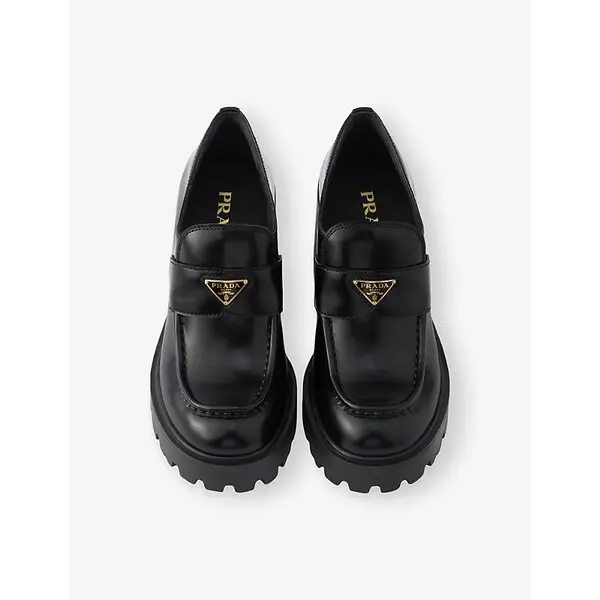 Prada Brushed Leather Loafers With Enamelled Triangle Logo And Block Heel