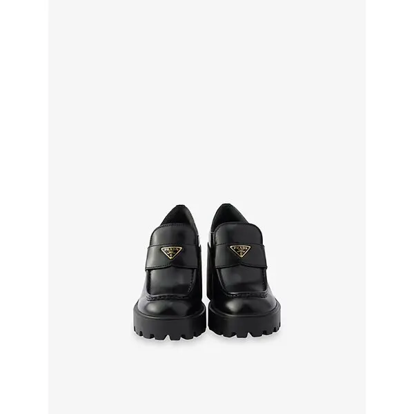 Prada Brushed Leather Loafers With Enamelled Triangle Logo And Block Heel