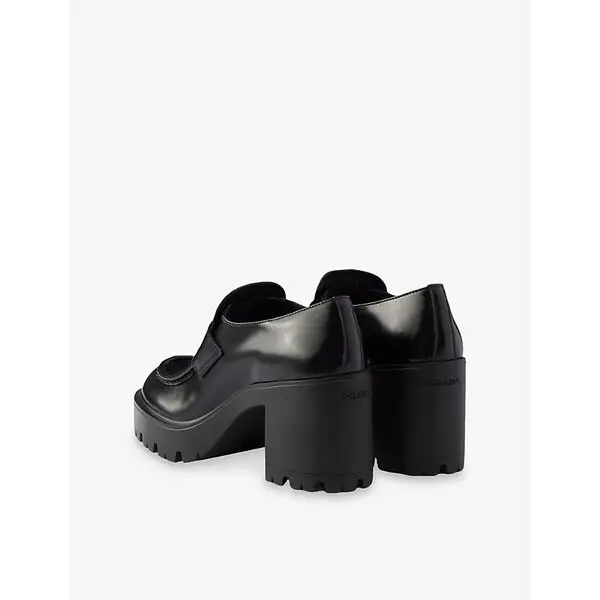 Prada Brushed Leather Loafers With Enamelled Triangle Logo And Block Heel