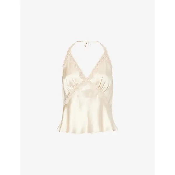 REFORMATION Monica Halterneck Silk Top - Almond