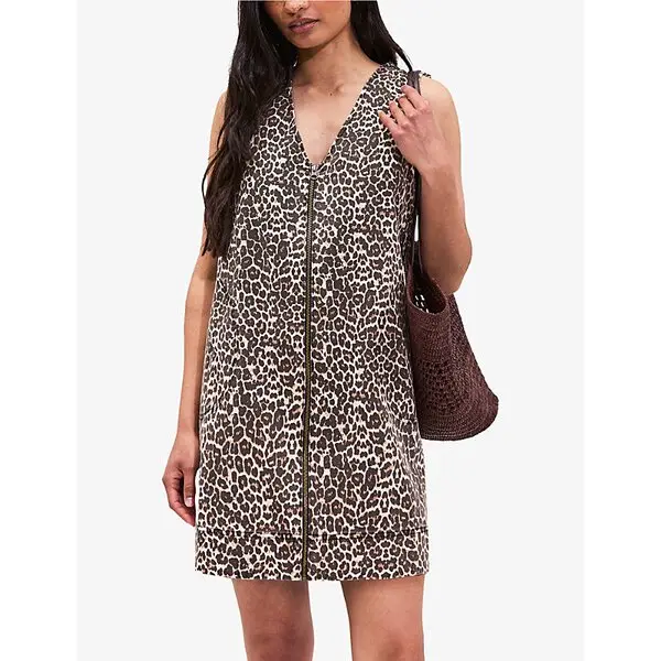 RO&ZO Leopard-print Zip-front Denim Mini Dress