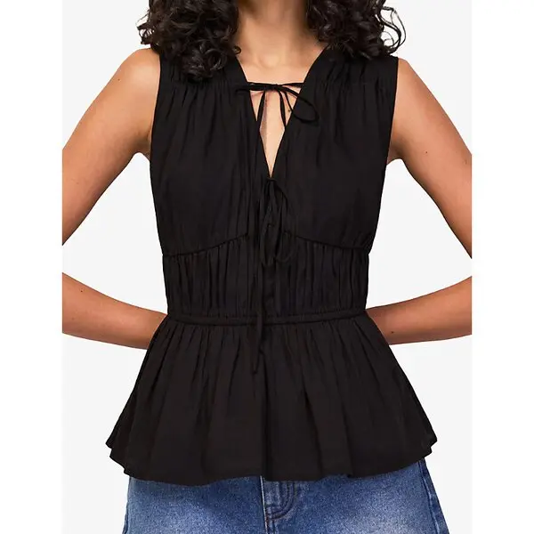RO&ZO Tie-front Sleeveless Cotton-voile Peplum Top