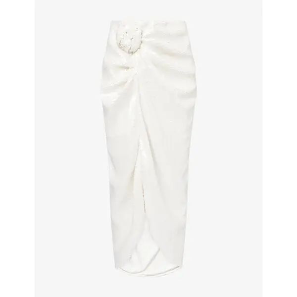 ROTATE BY BIRGER CHRISTENSEN Knot-detail Asymmetric-hem Sequin-embellished Midi Skirt - Egret
