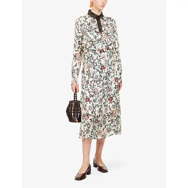 Sacai Floral Print Satin Collar Midi Dress