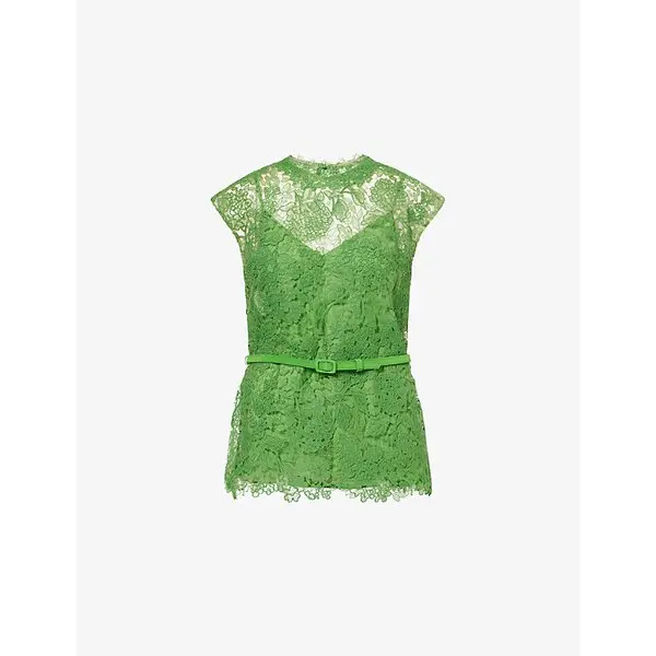 Carolina Herrera Belted Semi-sheer Floral Lace Top